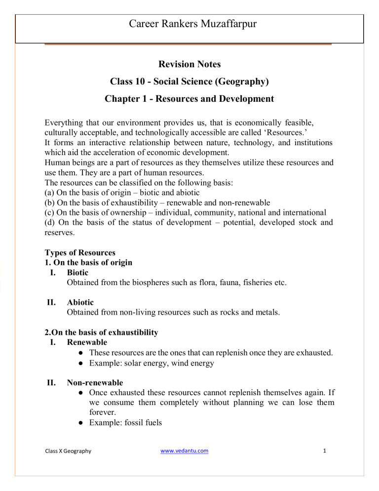 Class 10 Geography Revision Notes: Resources and Development Chapter 1