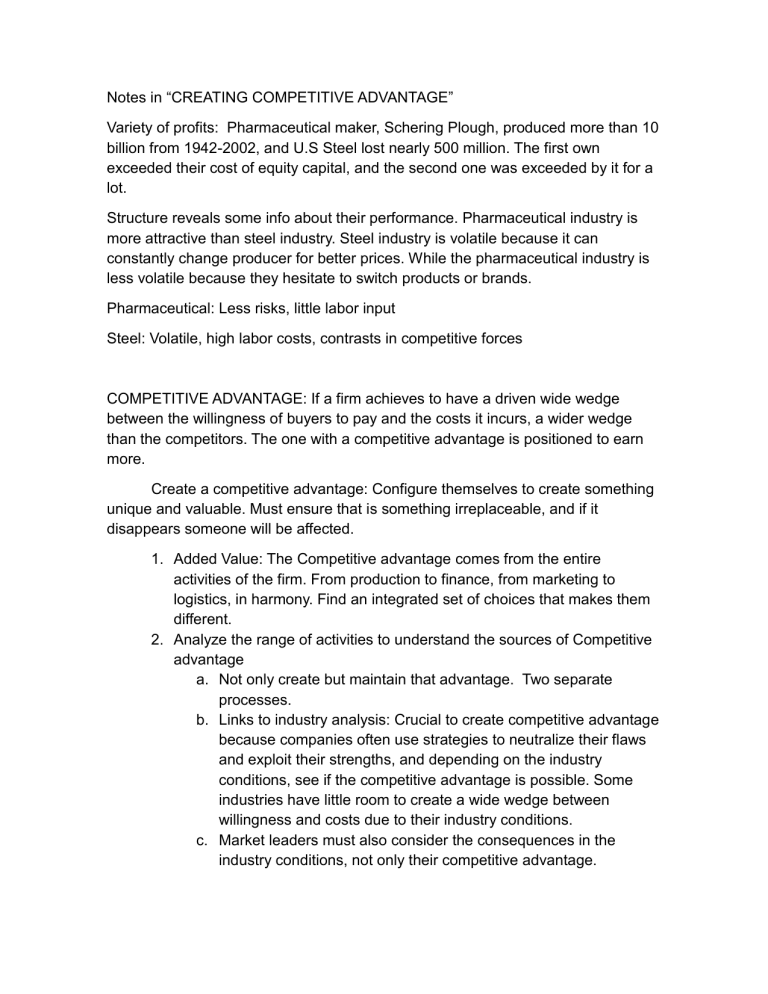 Competitive Advantage: Value Creation, Cost, and Industry Analysis Notes