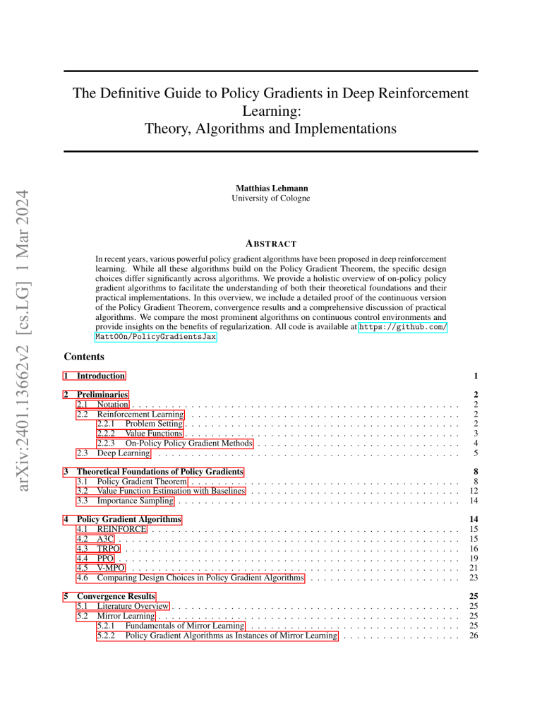 Policy Gradients in Deep Reinforcement Learning: Theory & Algorithms Guide