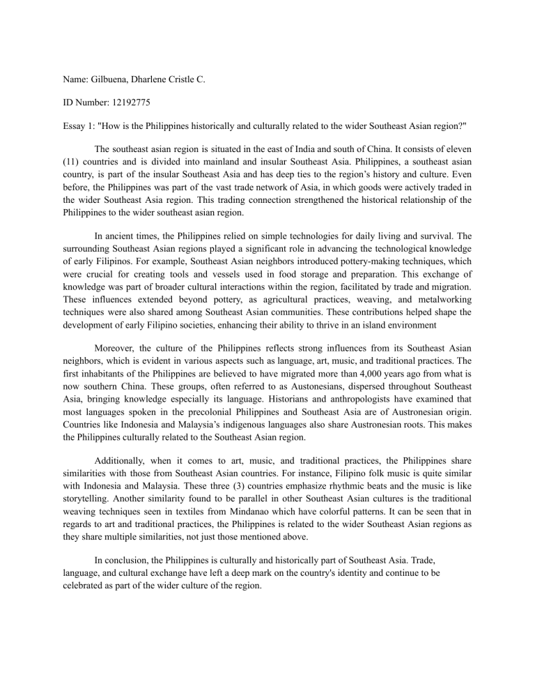 Philippines & Southeast Asia: Historical & Cultural Ties Essay