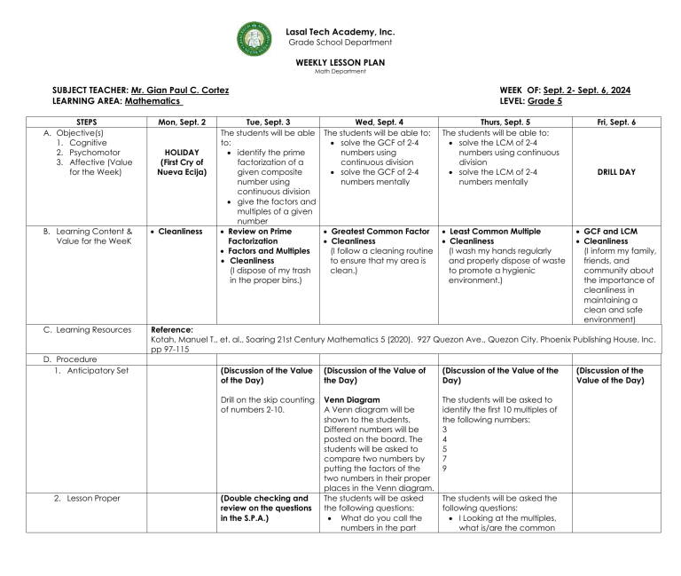 Grade 5 Math Weekly Lesson Plan: GCF, LCM, Factors & Multiples