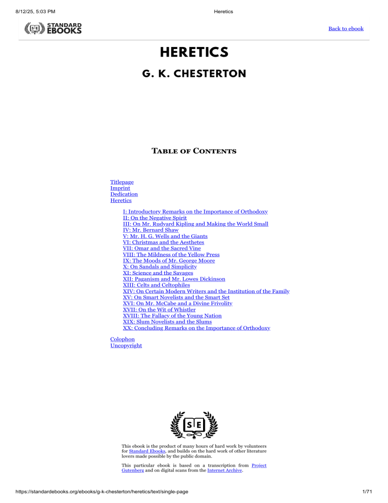 Heretics by G.K. Chesterton: Philosophy, Orthodoxy & Modern Society
