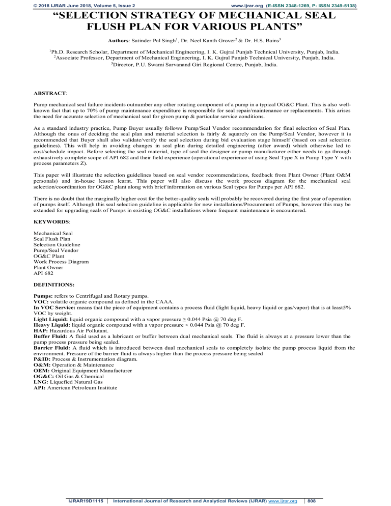Mechanical Seal Flush Plan Selection Strategy for OG&C Plants (API 682)