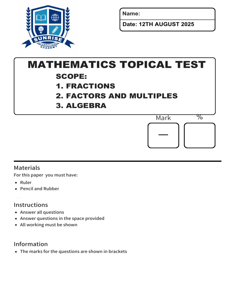Mathematics Topical Test: Fractions, Factors, Multiples, Algebra