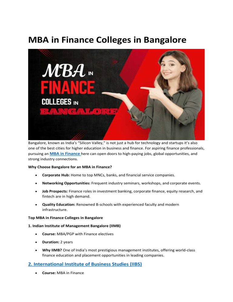MBA in Finance Colleges Bangalore: Top Institutes & Career Guide