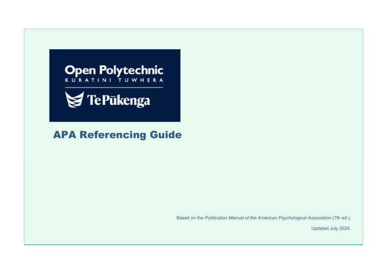 APA Referencing Guide (7th ed.) - Open Polytechnic | Updated 2024
