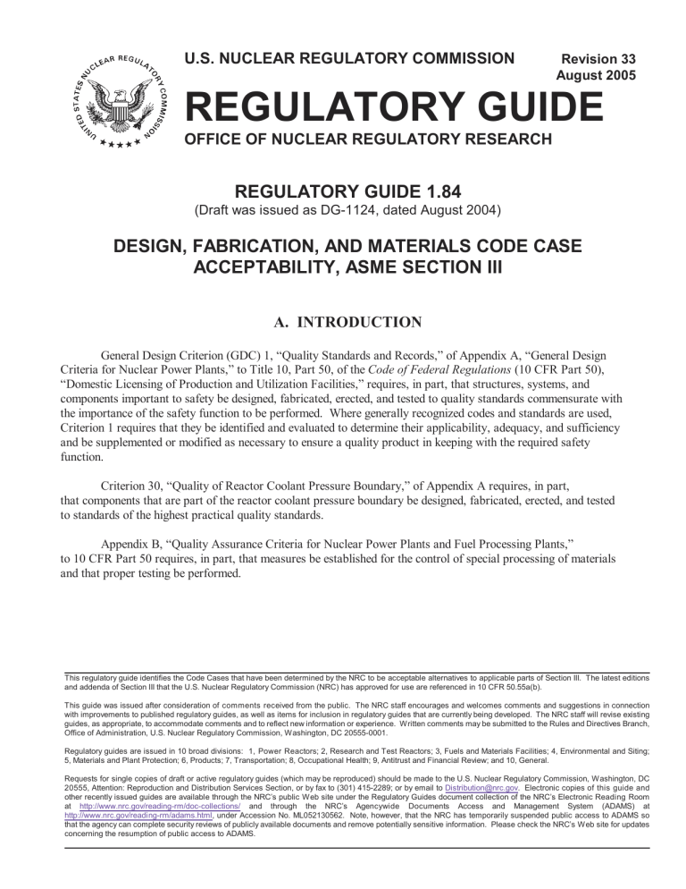 NRC Regulatory Guide 1.84: ASME Section III Code Case Acceptability