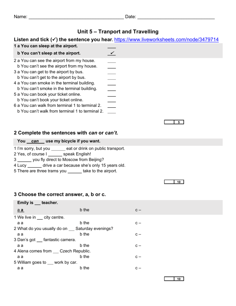 English Grammar & Vocabulary Worksheet: Transport & Travel
