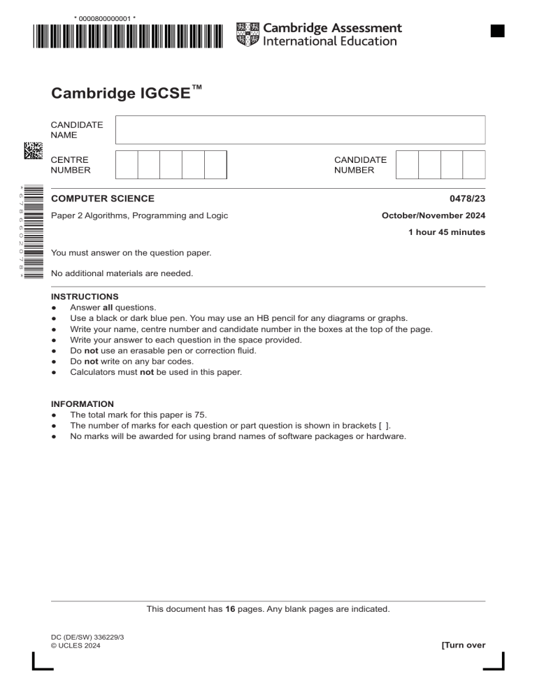 Cambridge IGCSE Computer Science Paper 2: Algorithms, Programming, Logic