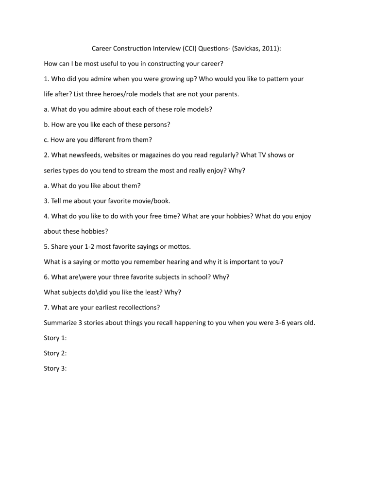 Career Construction Interview Questions (CCI) - Savickas (2011)