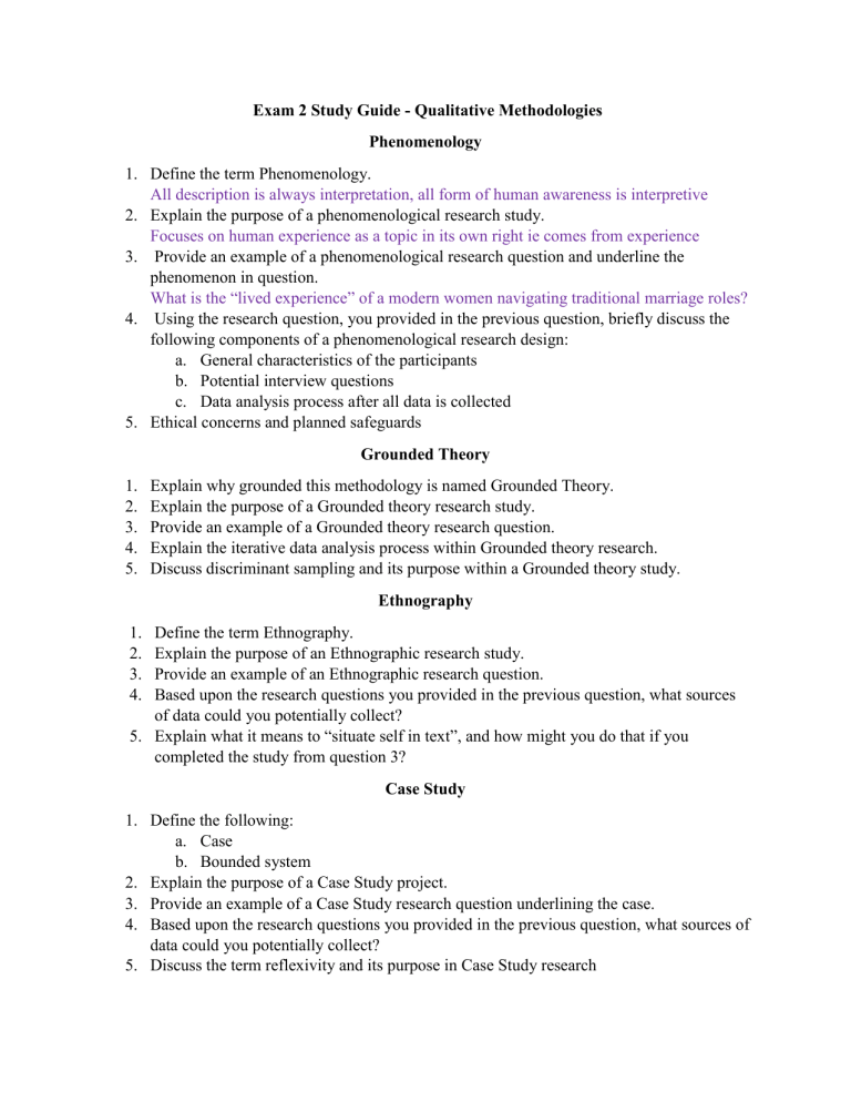 Qualitative Methodologies Exam 2 Study Guide - Phenomenology, Grounded ...