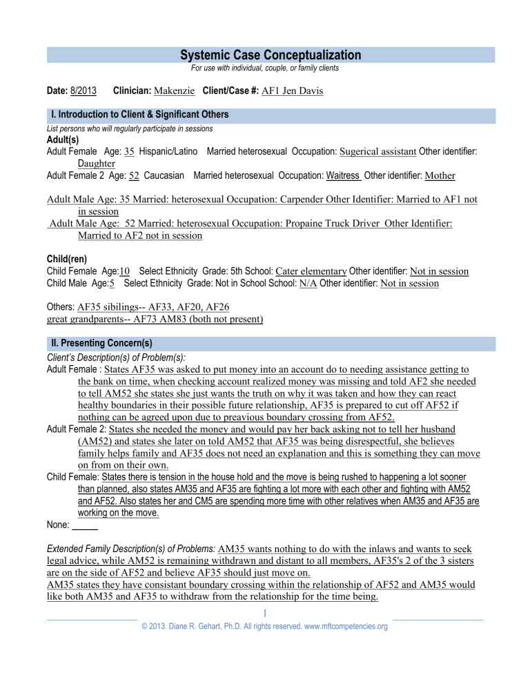 Systemic Case Conceptualization Form for Family Therapy Clients