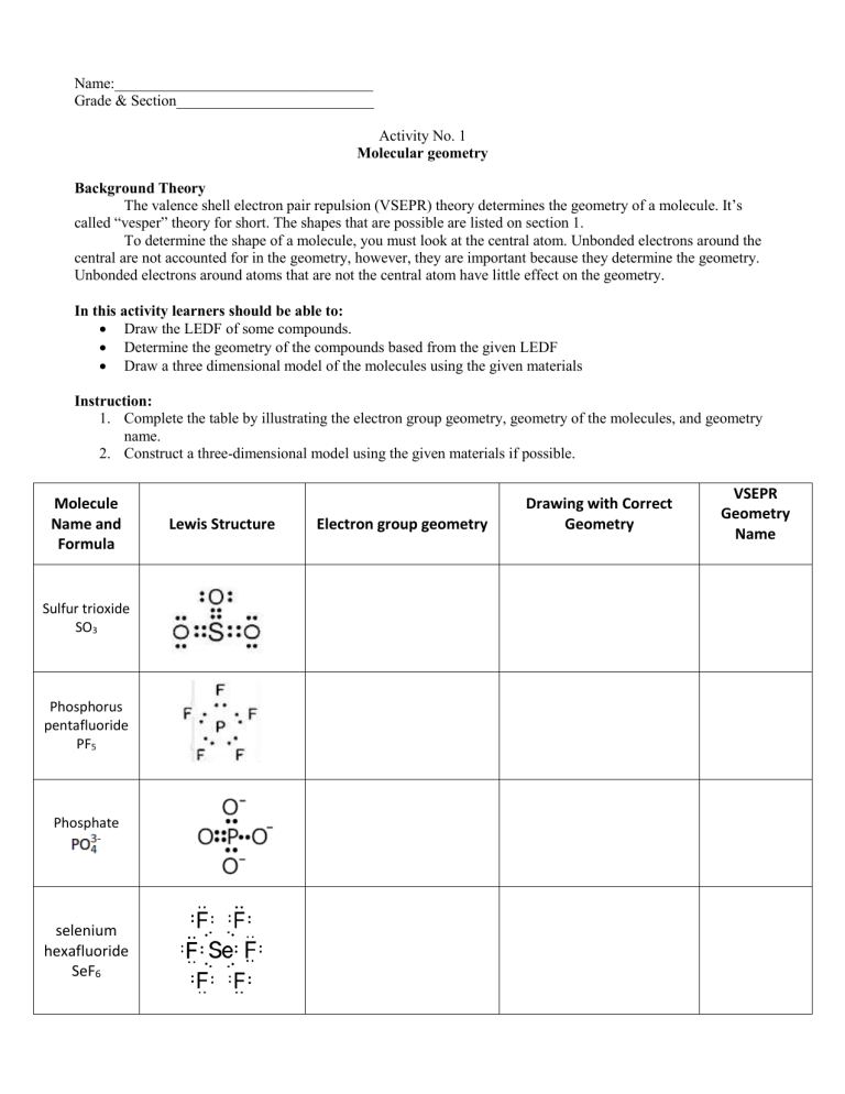 Molecular Geometry Activity: VSEPR Theory & 3D Models