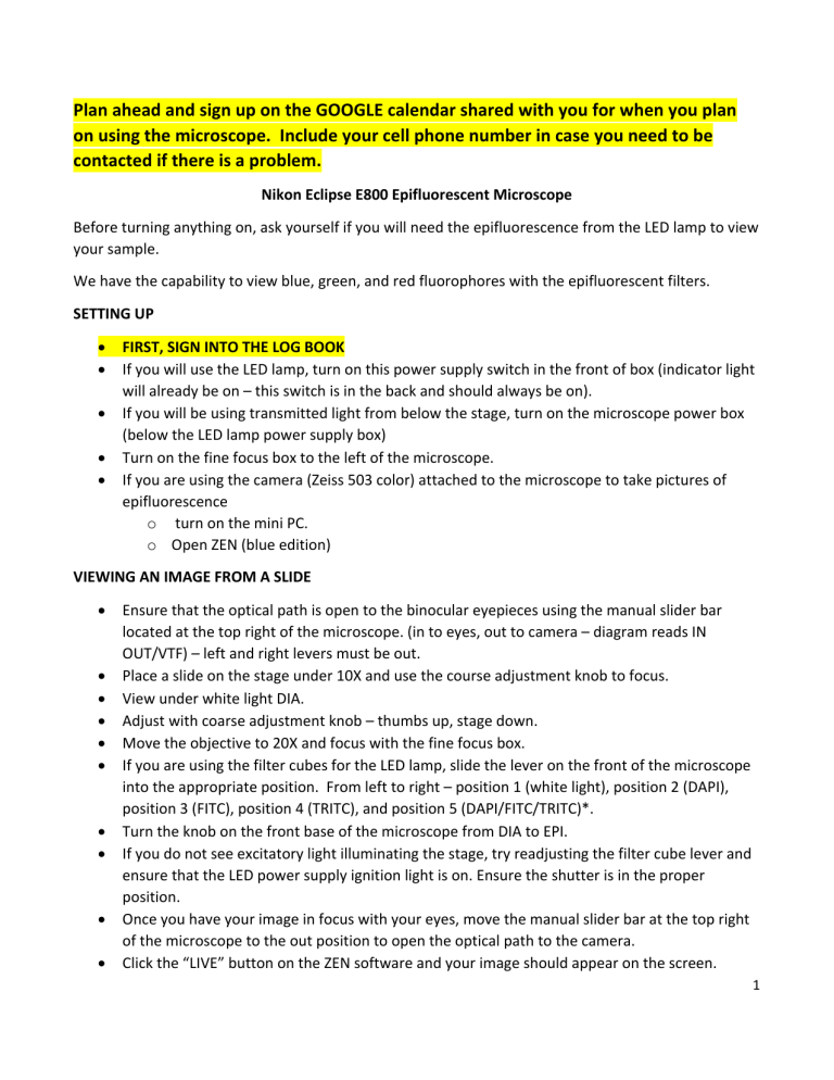 Nikon Eclipse E800 Epifluorescent Microscope User Guide & Training