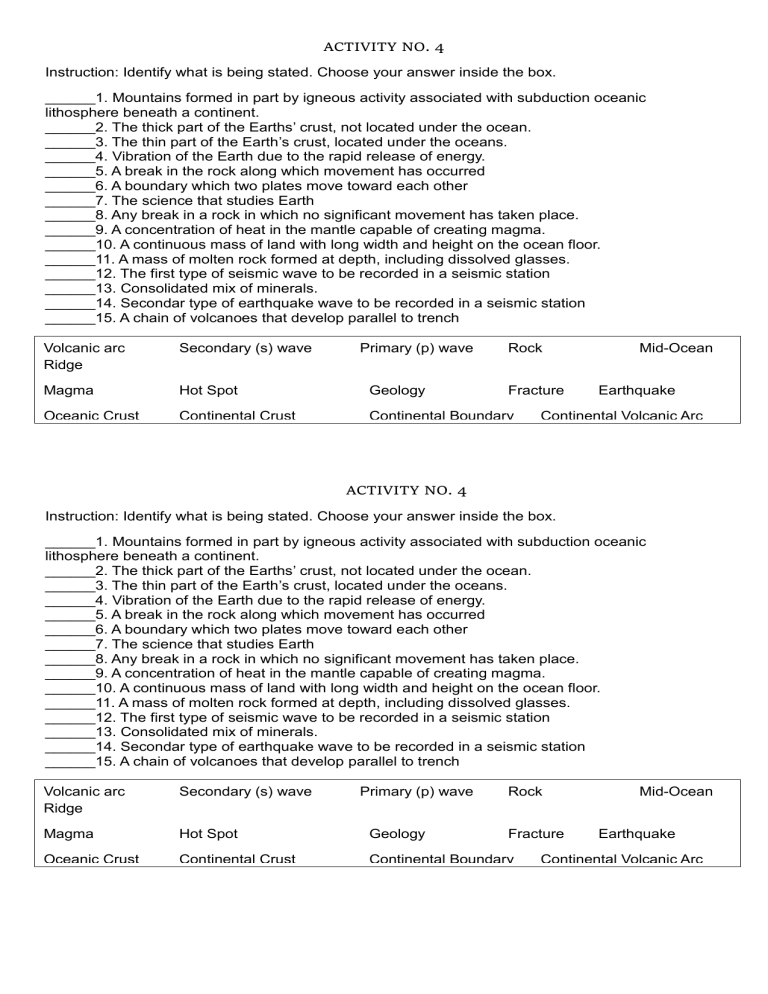 Earth Science Geology Activity: Identify Key Terms & Concepts