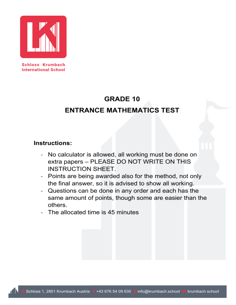 Grade 10 Entrance Mathematics Test - Schloss Krumbach School