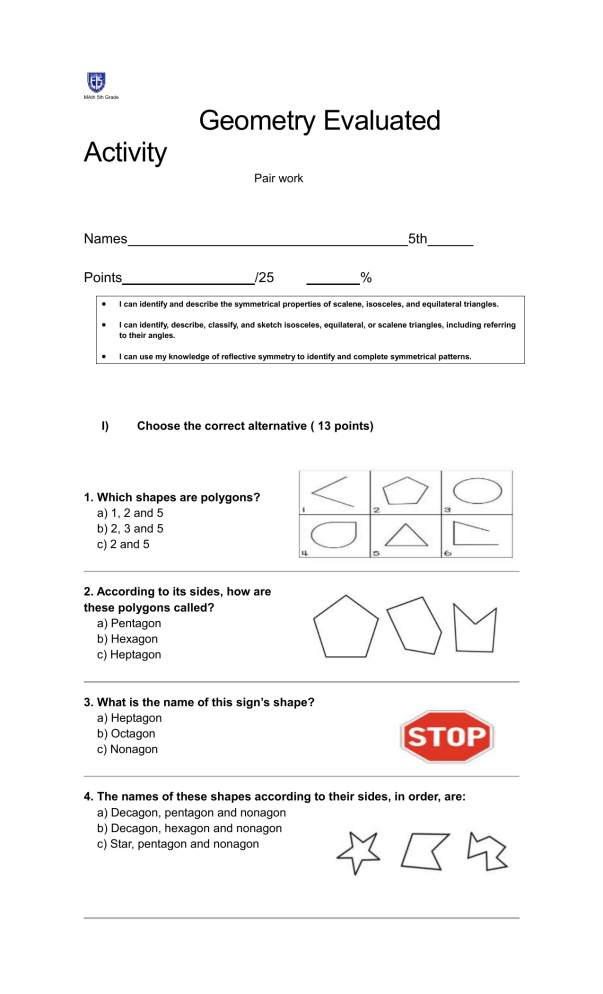 5th Grade Math Geometry Activity: Polygons, Triangles & Symmetry