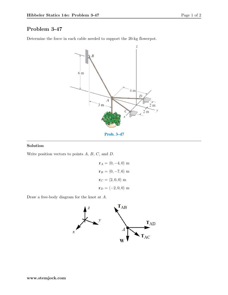 Hibbeler Statics 14e: Problem 3-47 - Cable Forces for Flowerpot Equilibrium
