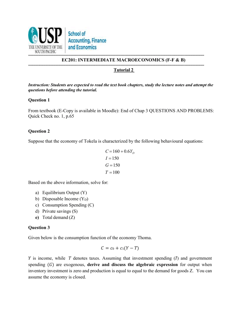 EC201 Intermediate Macroeconomics Tutorial 2: Equilibrium & Money Demand