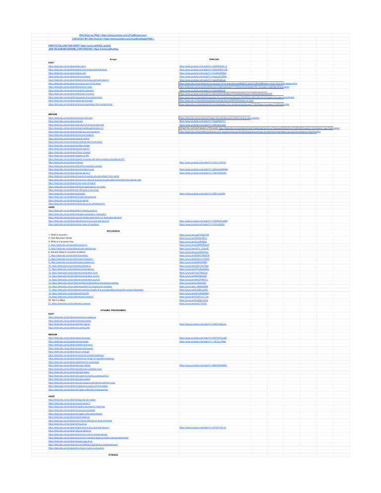 DSA Sheet by FRAZ: LeetCode Problems & Solutions for Interview Prep