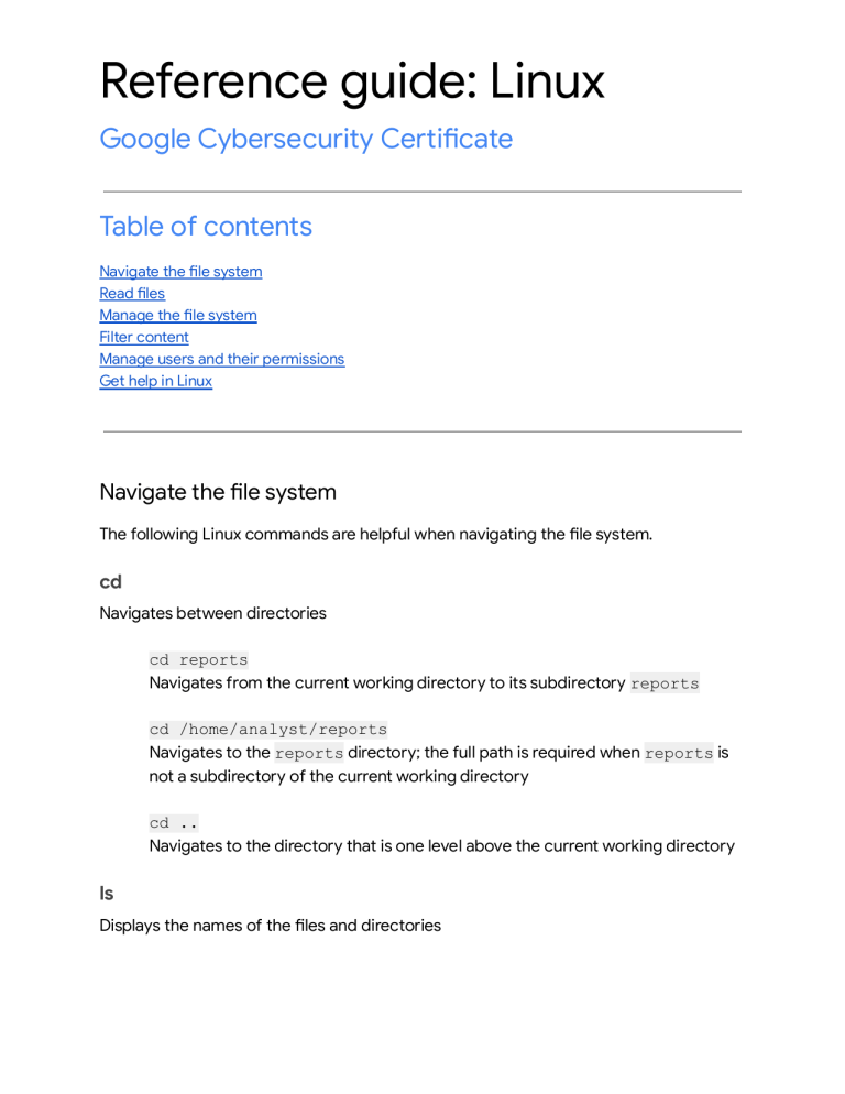 Linux Commands Reference Guide for Google Cybersecurity Certificate