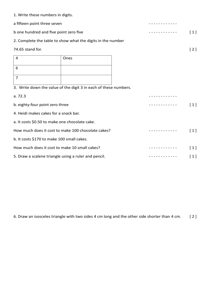 Math Worksheet: Numbers, Geometry, Sequences, and Statistics Practice