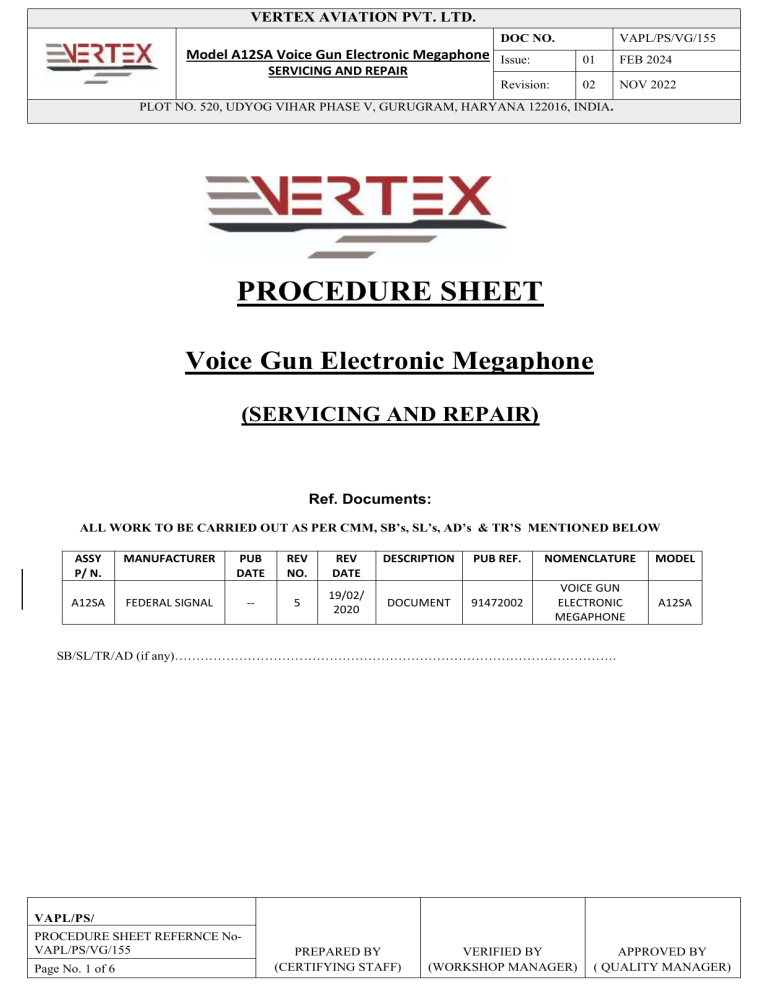 Voice Gun Megaphone Servicing & Repair Procedure Sheet - A12SA