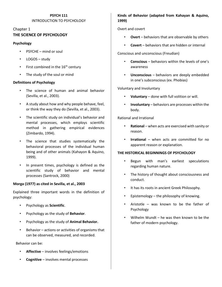 Introduction to Psychology: Science, Behavior, and Historical Roots