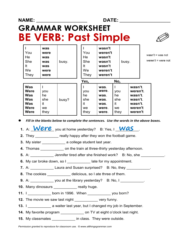 English Grammar Worksheet: Past Simple Be Verb Practice