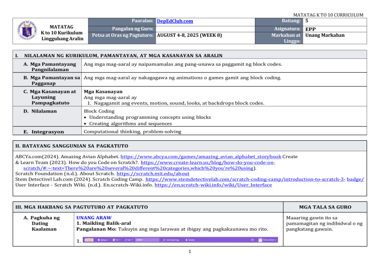 Grade 5 EPP Block Coding Lesson Plan: MATATAG K to 10 Curriculum