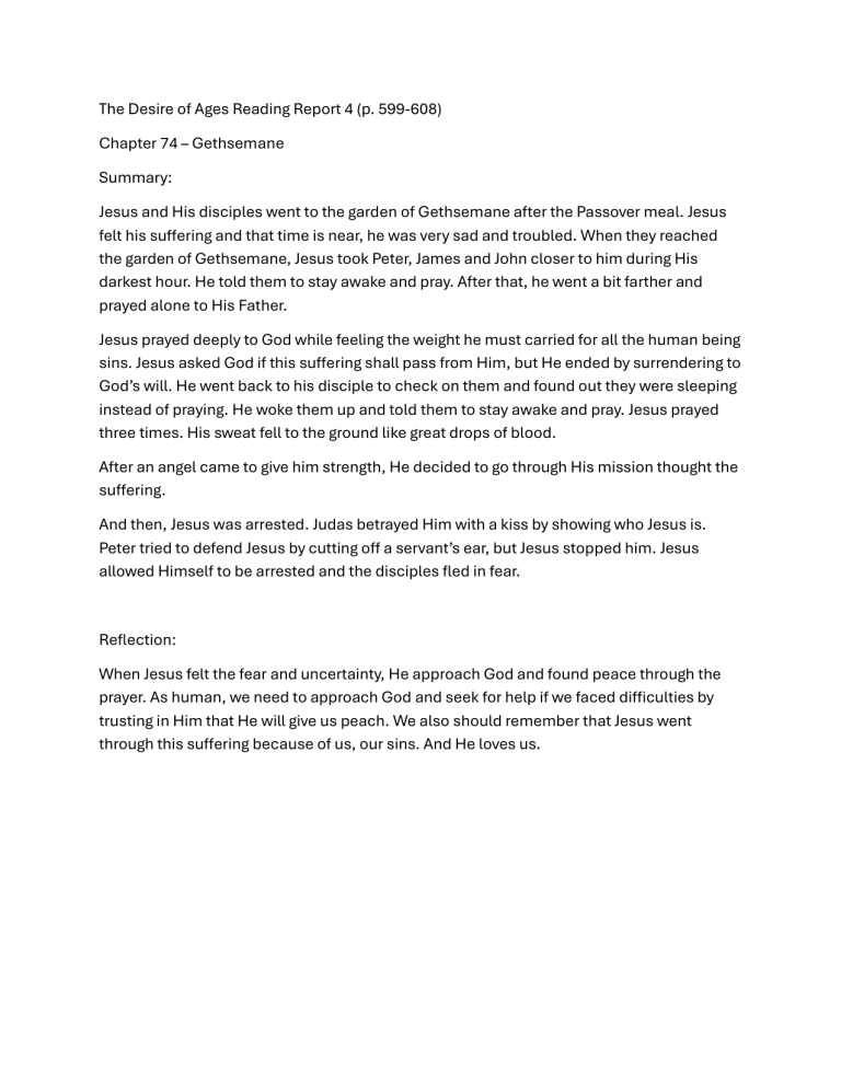 Gethsemane Reading Report: The Desire of Ages Chapter 74 Summary