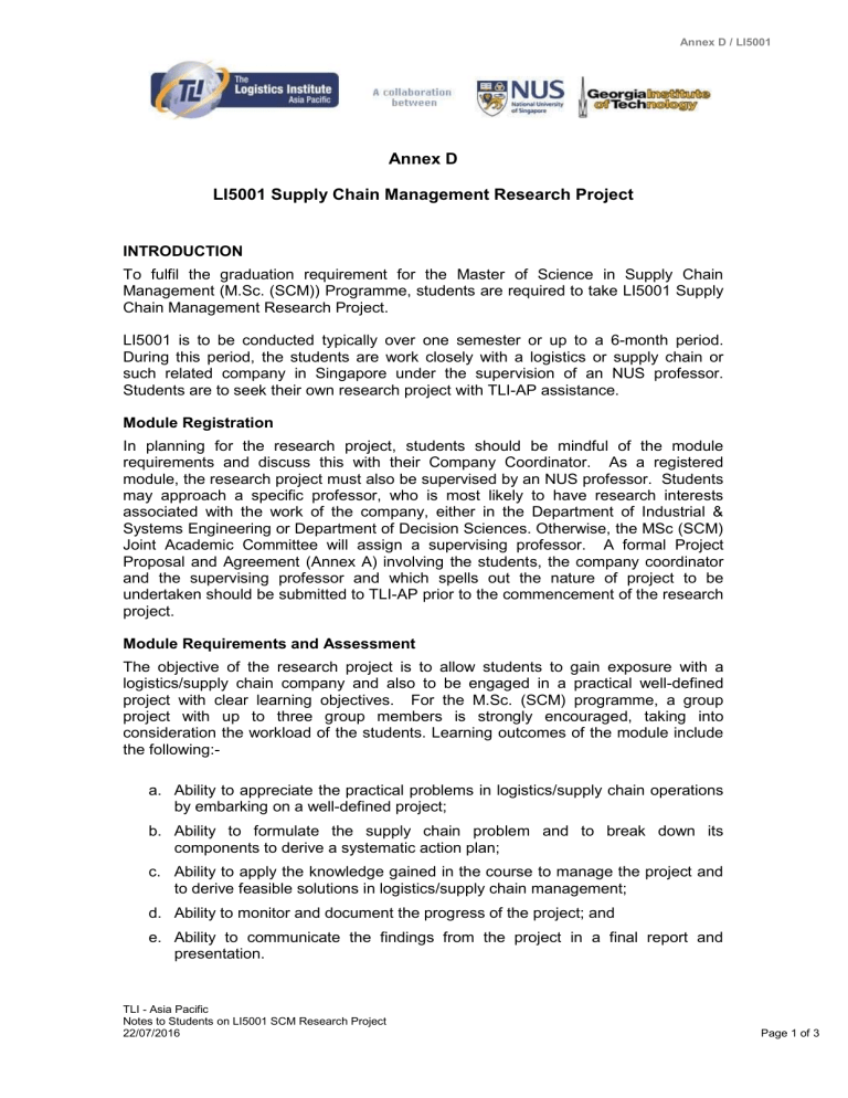 LI5001 Supply Chain Management Research Project Module Guide