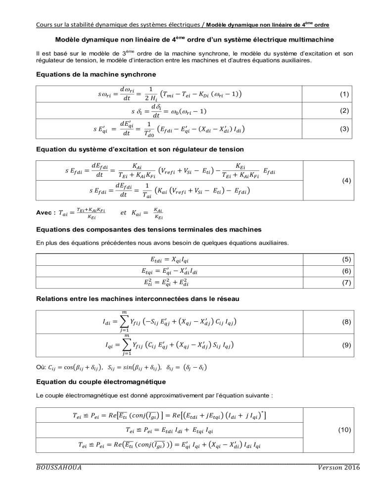 Modele dynamique du systeme electrique multimachines