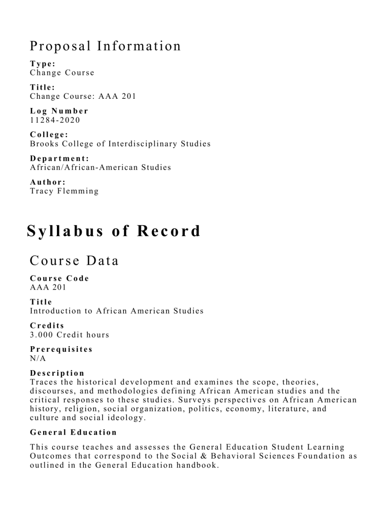 AAA 201 African American Studies Course Syllabus & Objectives