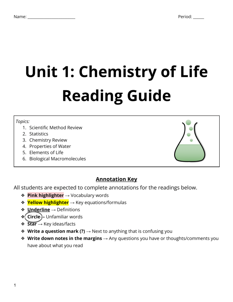 Chemistry of Life Reading Guide: Scientific Method & Statistics Review