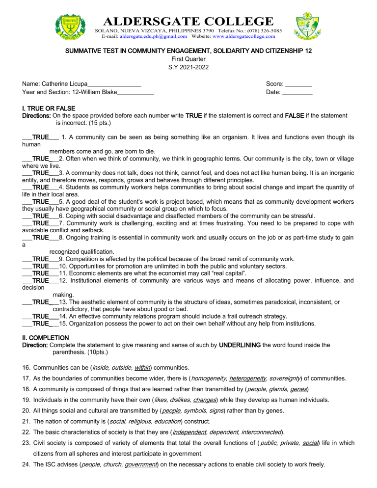 Community Engagement, Solidarity & Citizenship 12 Summative Test