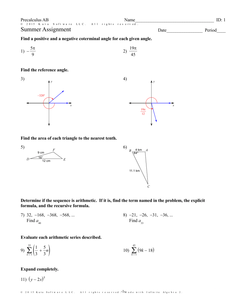 Precalculus AB Summer Assignment: Angles, Conics, Sequences & Series