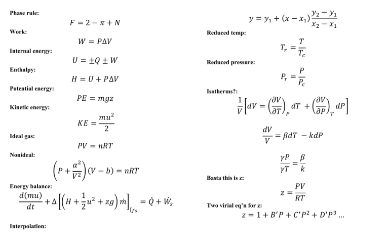 Thermodynamics Formulas & Equations: Chemical Engineering Reference