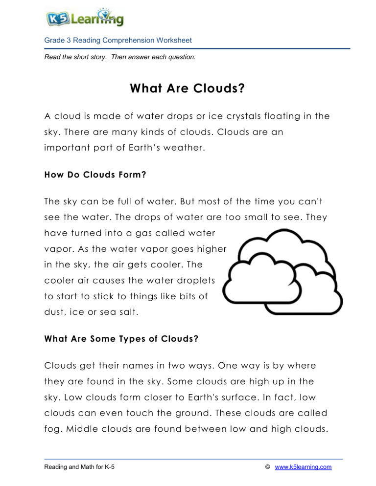 Grade 3 Reading Comprehension Worksheet: What Are Clouds?