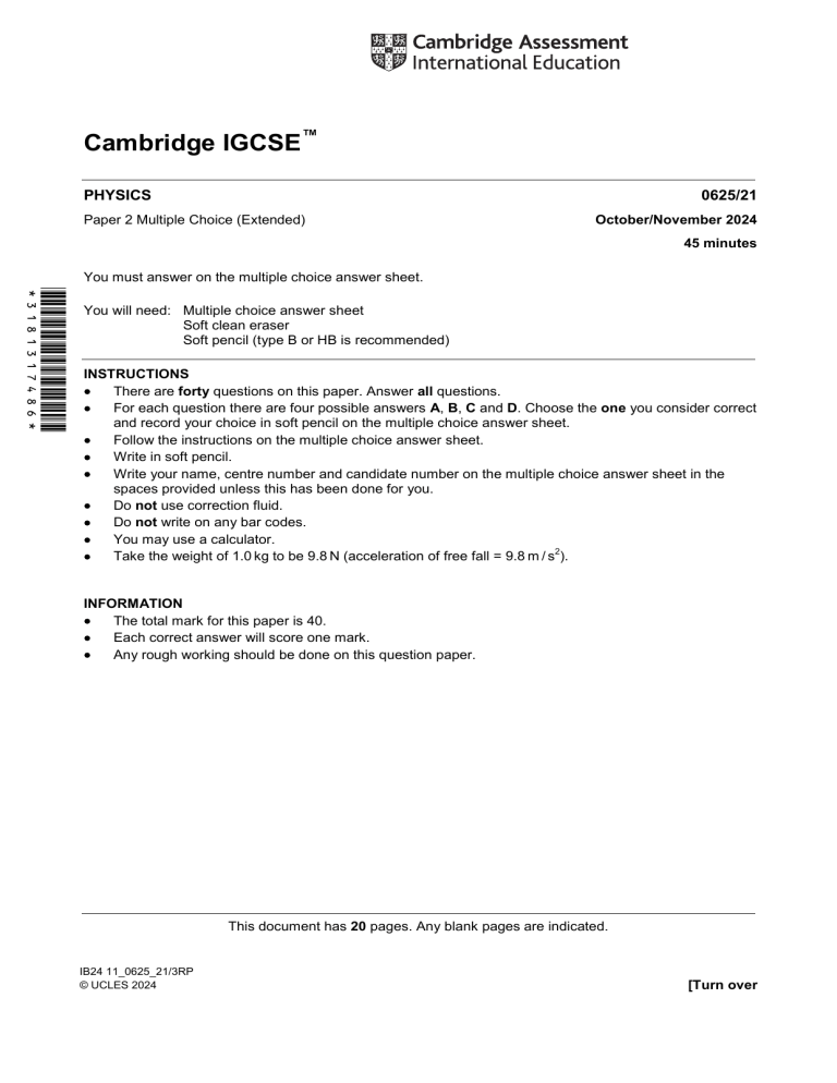 Cambridge IGCSE Physics 0625/21 Paper 2 MC Extended Oct/Nov 2024