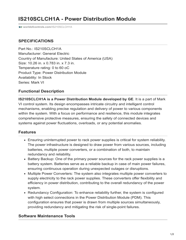 IS210SCLCH1A Power Distribution Module: GE Mark VI System Specs
