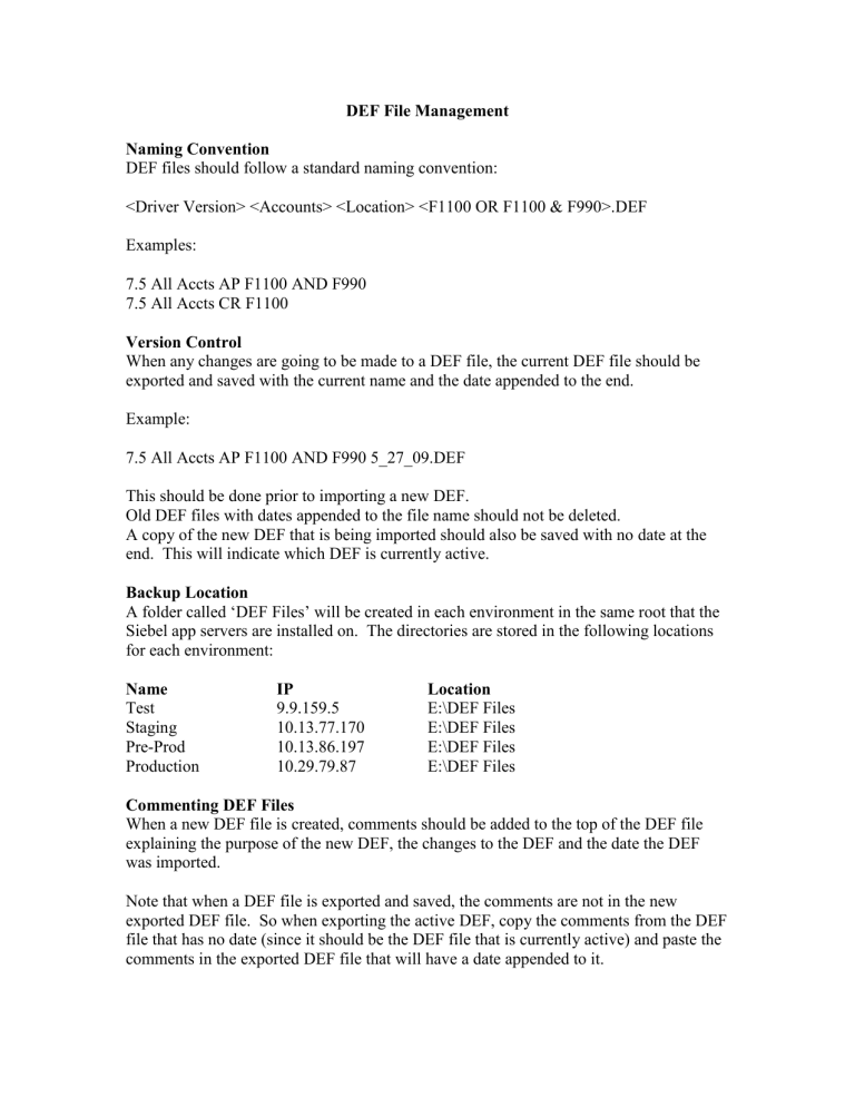 DEF File Management Guidelines: Naming, Version Control, Backup