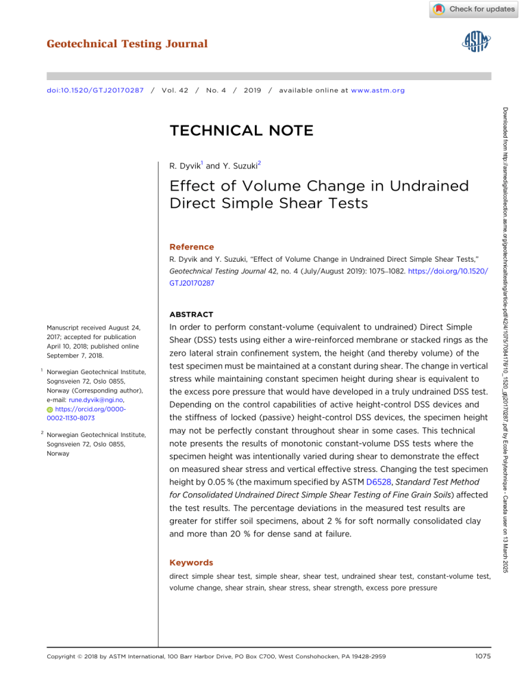 Volume Change Effects in Undrained Direct Simple Shear Tests