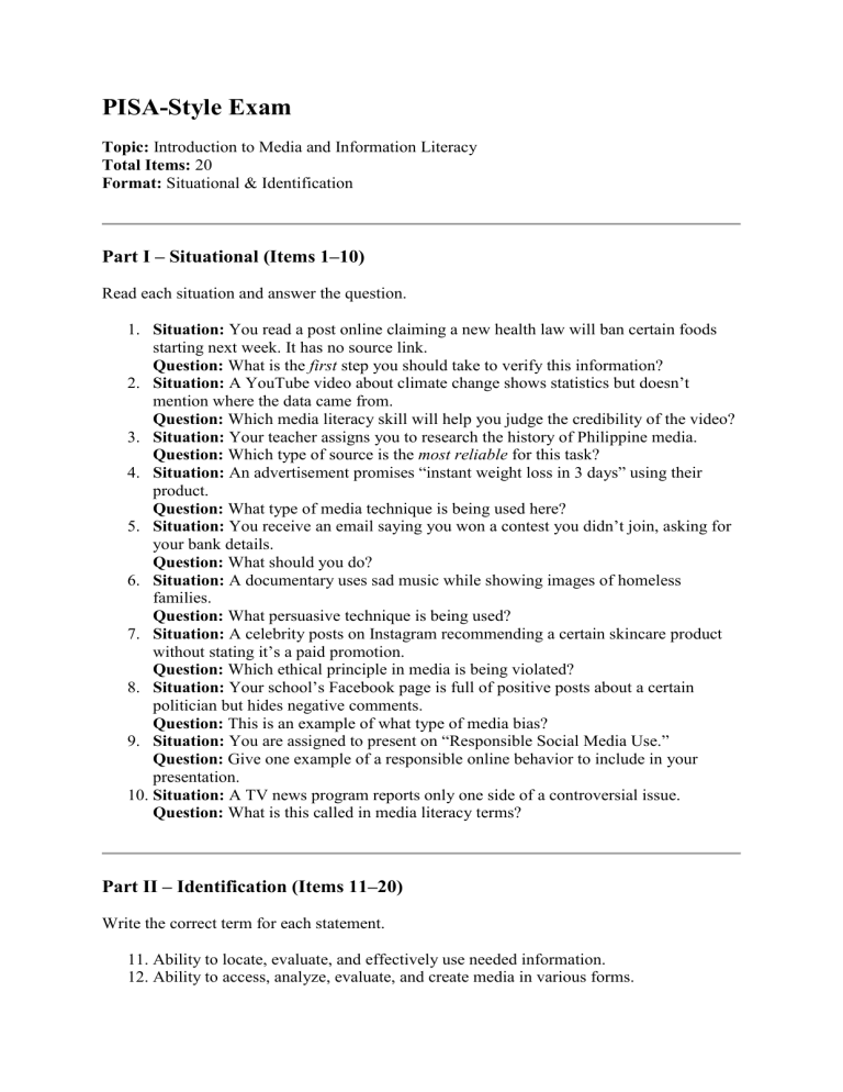 PISA-Style Exam: Introduction to Media and Information Literacy Test