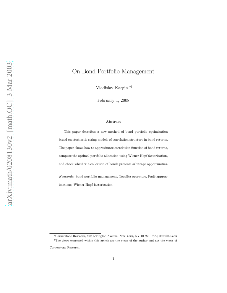 Bond Portfolio Optimization: Stochastic String Models & Wiener-Hopf ...