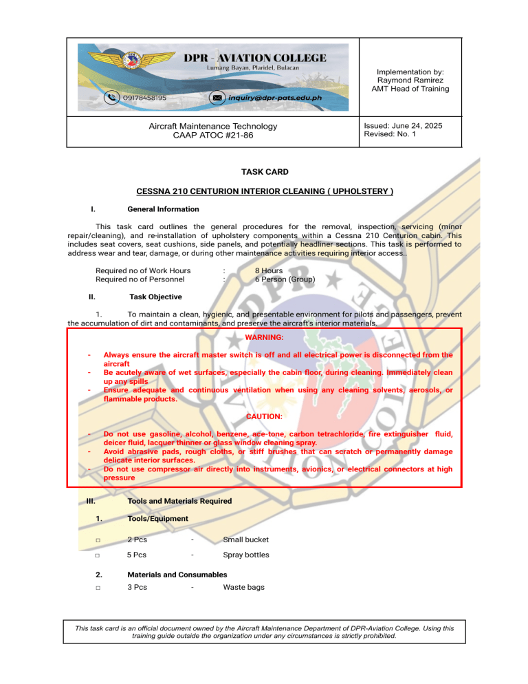 Cessna 210 Centurion Interior Cleaning Task Card | Aircraft Maintenance