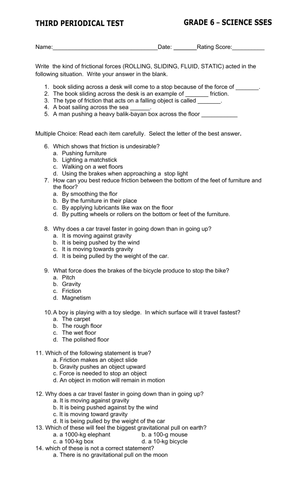 Grade 6 Science Test: Friction, Gravity, Energy, Simple Machines