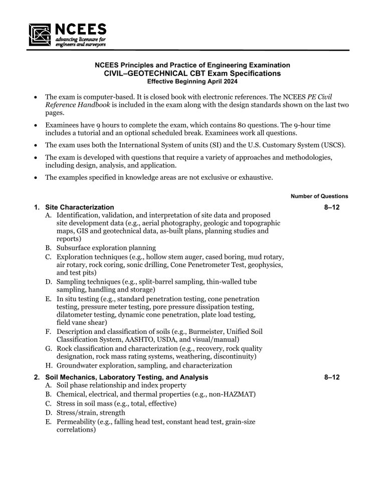 NCEES PE Civil Geotechnical Exam Specifications 2024