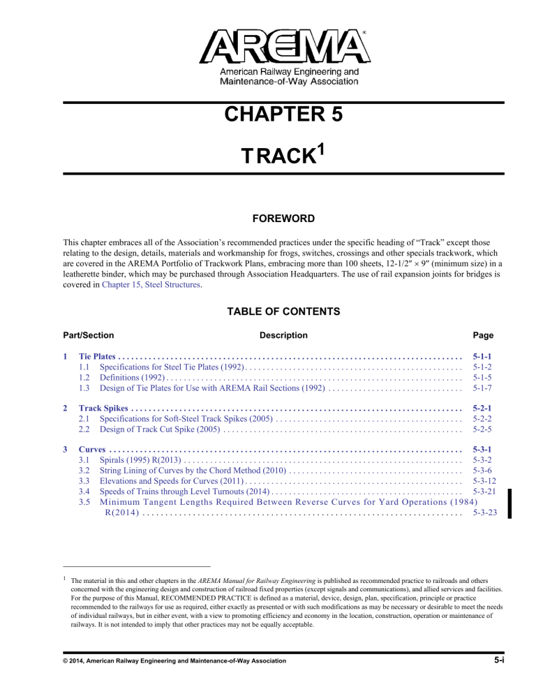 AREMA Railway Engineering Manual: Chapter 5 Track Specifications