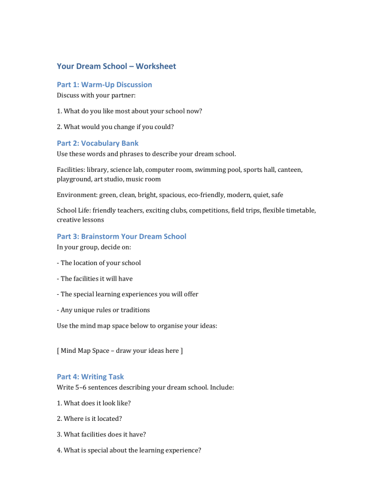Your Dream School Worksheet | Creative Writing & Discussion Activity